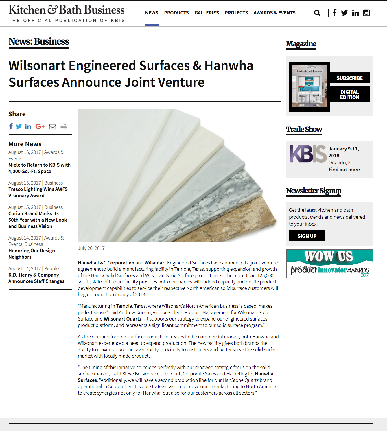 Wilsonart Engineered Surfaces & Hanwha Announce Joint Venture