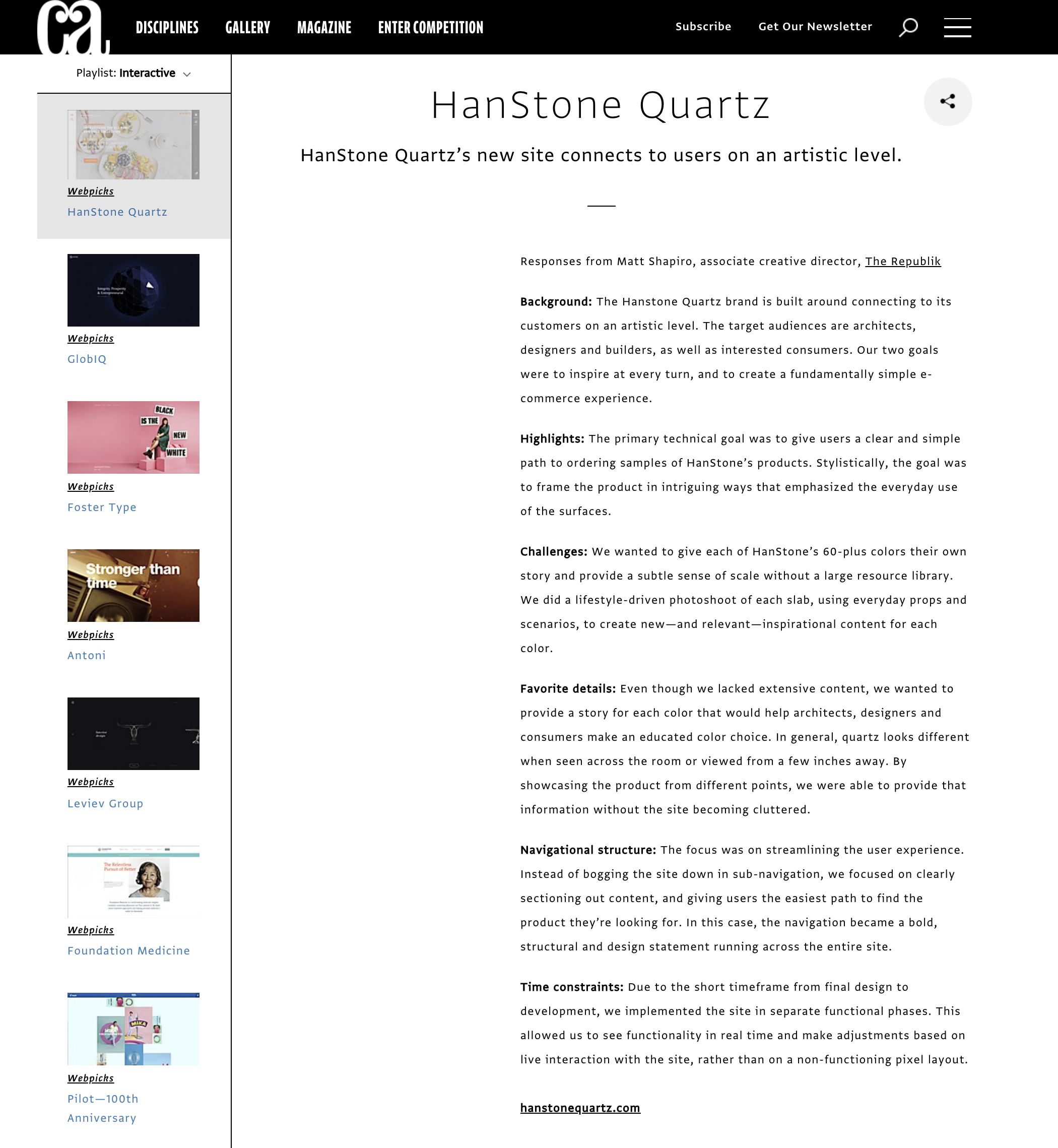 Communication Arts Online Praises HanStone Quartz's New Website ...